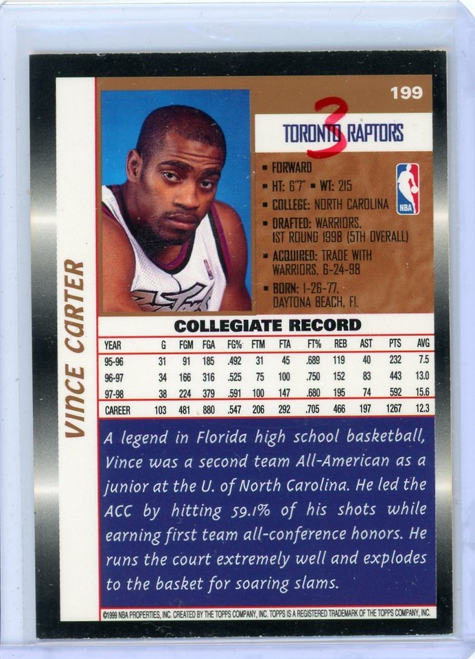 1998-99 Topps Vince Carter Rookie Card RC #199 Toronto Raptors NBA | eBay