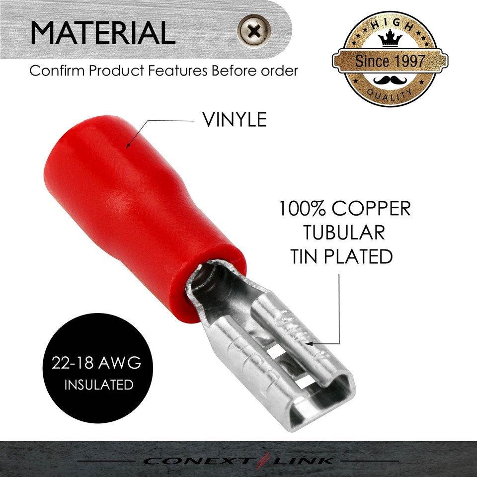 25 Vinyl Female Quick Disconnect Terminal Connector 22-18 AWG Red 0.110 ...