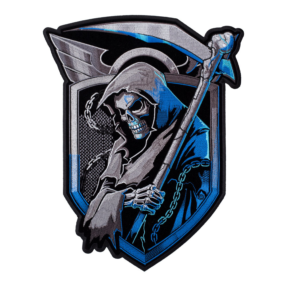Angel Of Death Blue Shield Patch, Grim Reaper Skull Patches | eBay