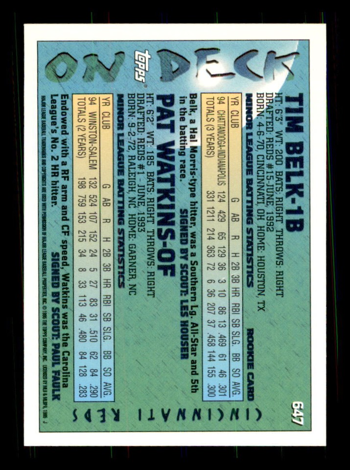 1995 Baseball Topps Tim Belk / Pat Watkins OD Cincinnati Reds #647 | eBay
