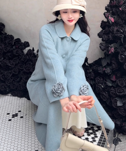 Vintage Style Blue Double-sided Wool Coat Womens A-line Woolen Outwear ...