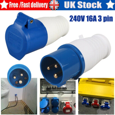 240V 16AMP 3 PIN BLUE SITE INDUSTRIAL PLUGS/ SOCKETS MALE/FEMALE IP44 ...