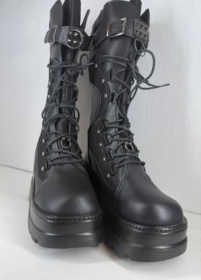 Chunky Platform Boots Black Lace Up Buckle Zip Gothic Punk Style Size ...