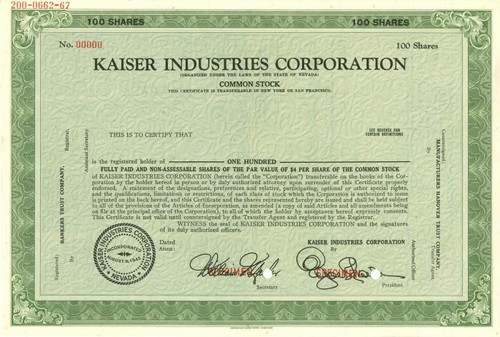 Kaiser Industries Corporation - Stock Certificate - Specimen Stocks ...