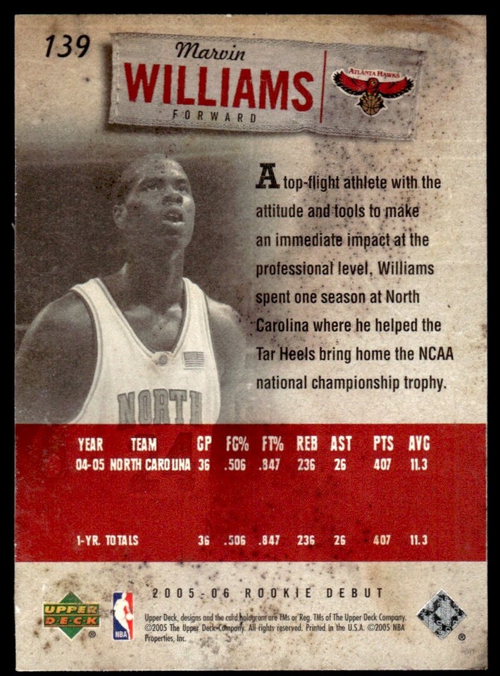 2005-06 Upper Deck Rookie Debut Marvin Williams Rookie Atlanta Hawks ...