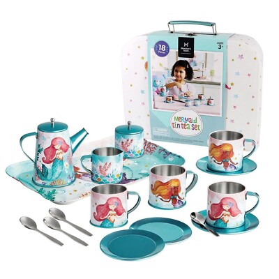 Member's Mark 18-Piece Mermaid Metal Tin Tea Set in Storage Box Pretend ...