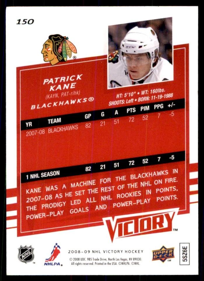 2008-09 Upper Deck Victory Patrick Kane Chicago Blackhawks #150 LP | eBay