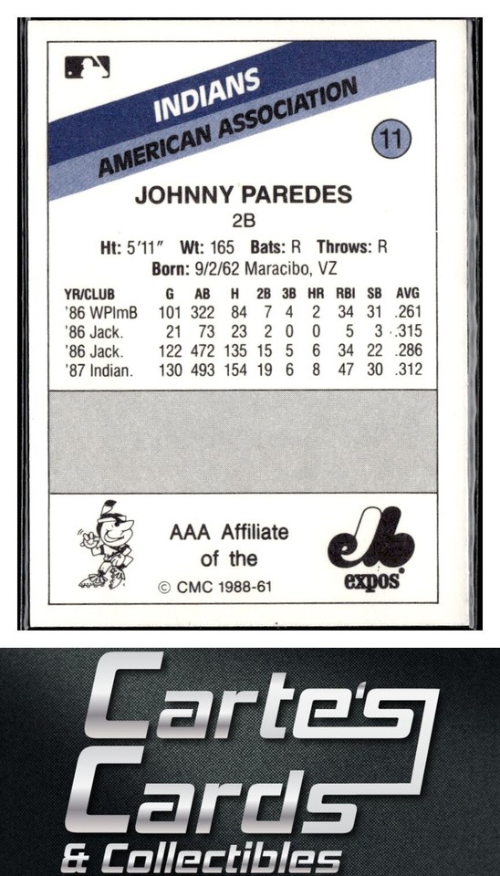 Johnny Paredes 1988 CMC Indianapolis Indians #11 Montreal Expos | eBay