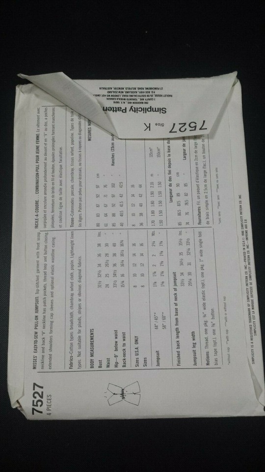 VINTAGE SIMPLICITY LADIES PULLON JUMPSUIT PATTERN 7527 SIZE 8-12 FREE ...