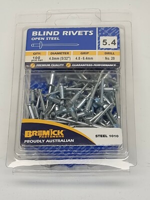Bremick Blind Rivets 5.4 Open Steel 4.0mm Diameter 4.8-6.4mm Grip ...