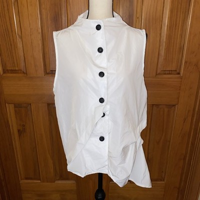 SUN KIM White Crinkle Asymmetrical Hem Sleeveless Button Up Vest Top M ...