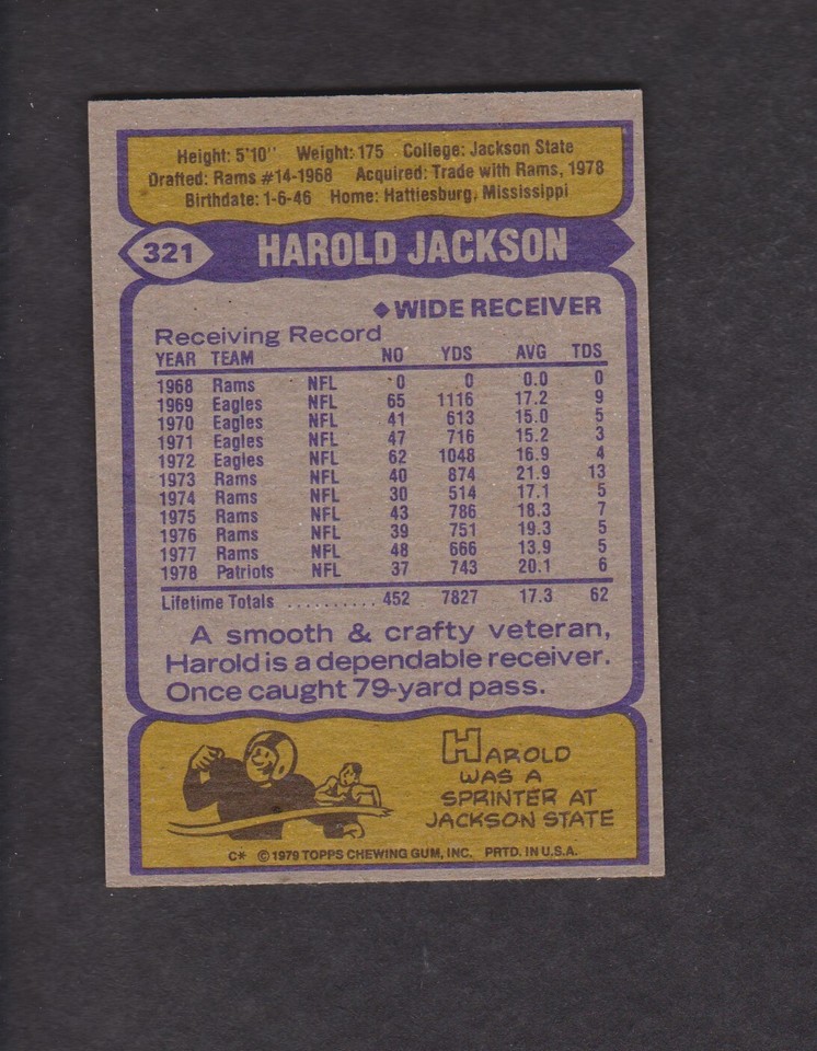 1979 Topps Football Card #321 Harold Jackson New England Patriots NM ...
