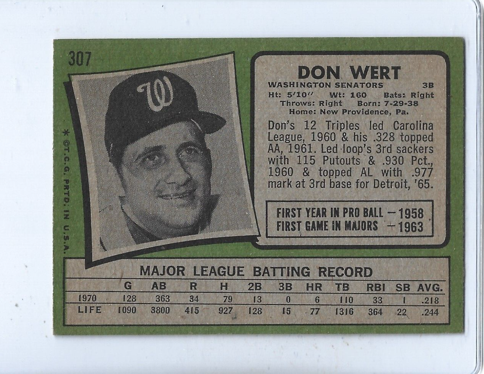 Don Wert-Washington Senators-1971 Topps Baseball Card #307 | eBay