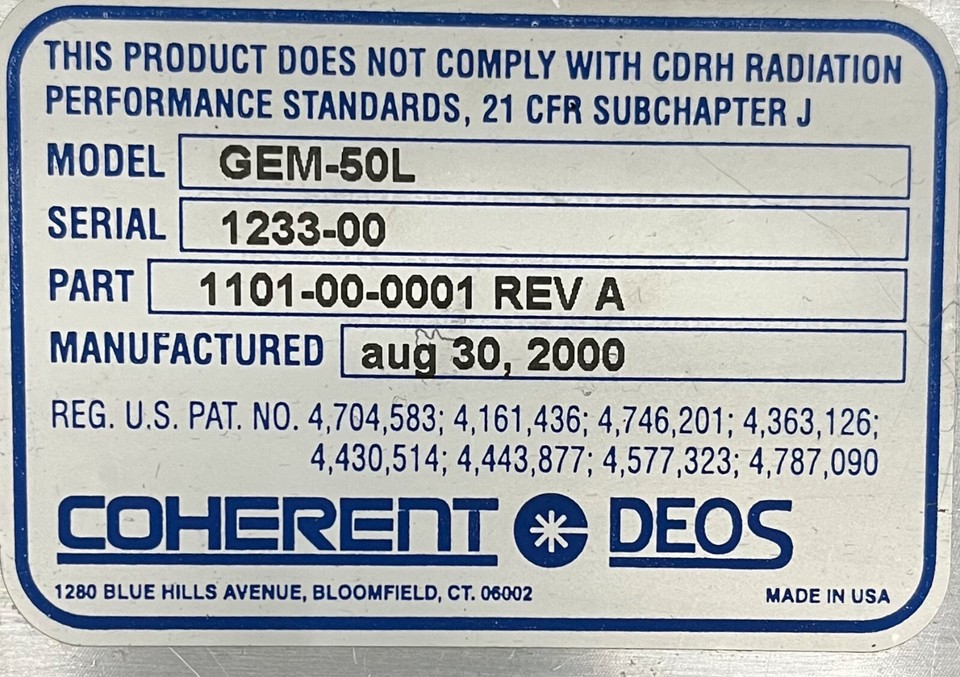 COHERENT GEM 50 DEOS / GEM-50L LASER HEAD 1101-00-0001 REV A - PARTS ...