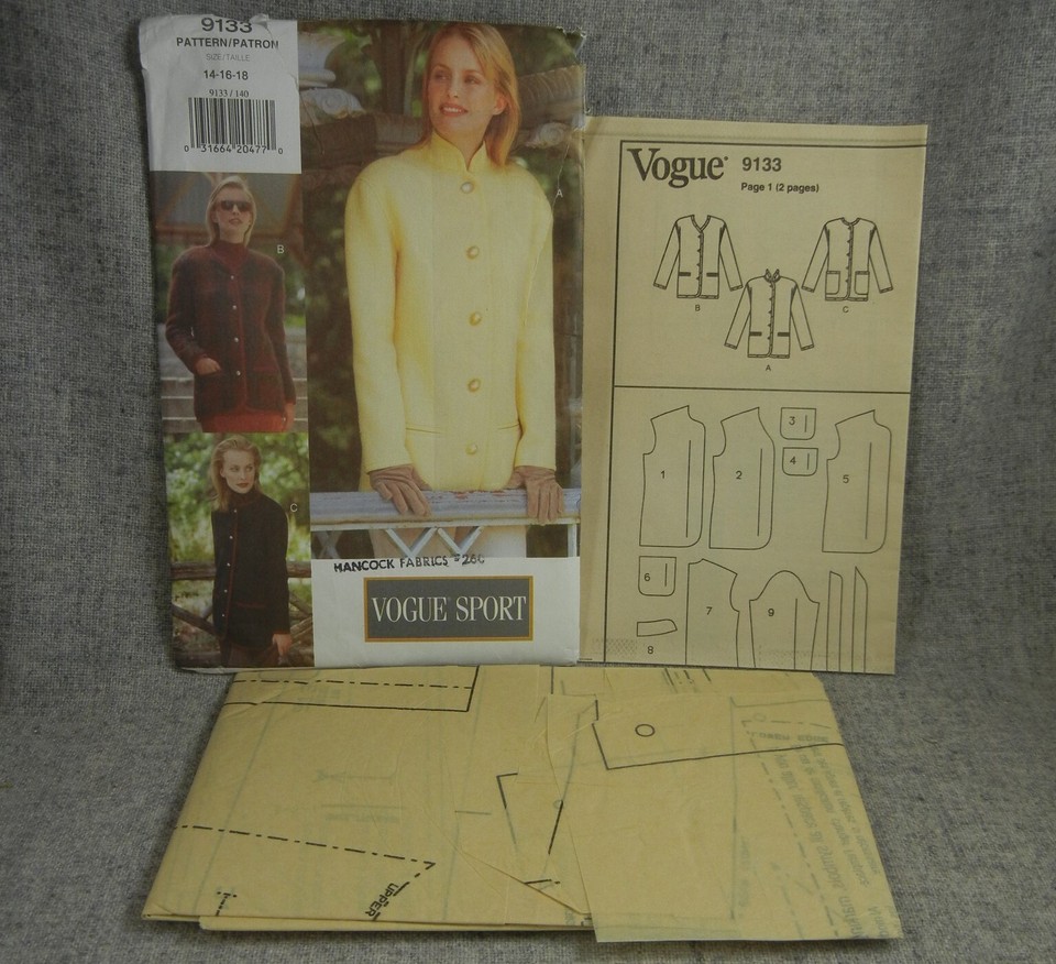 Vogue 9133 Misses Jacket button front below hip collar size 14 16 18 ...