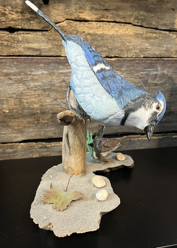 Vintage 1988 Nestral BLUEJAY & HOUSE wren hand carved artist George ...
