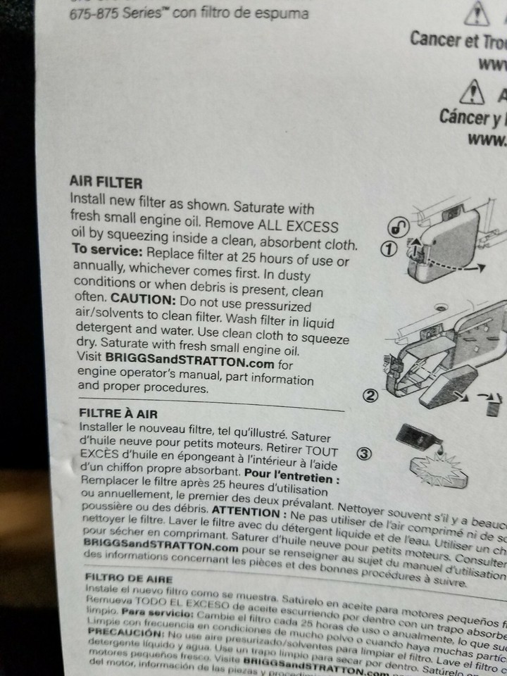 Lawn Mower Air Filter Briggs & Stratton 797301 Genuine Part Fits 675 ...