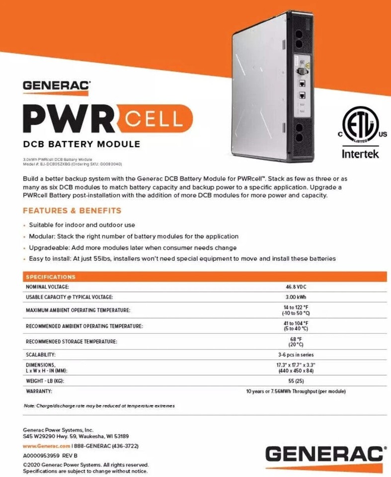 NEW SEALED Generac BJ-DCB05ZKBG PWRcell 3.0kWh DCB Battery Module ...