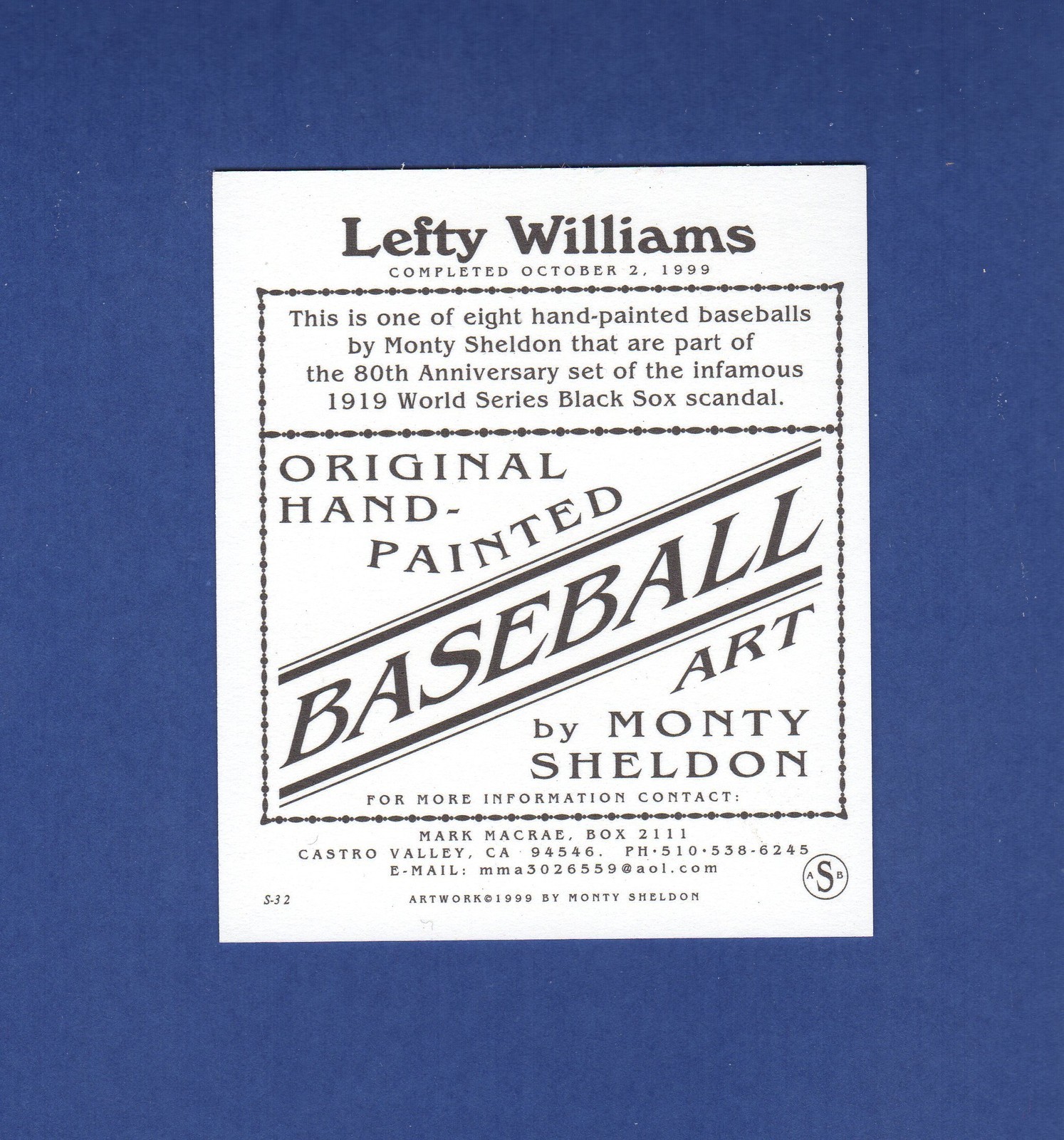 LEFTY WILLIAMS, White/Black Sox~Sheldon Baseball Art ARTBALL Card ...