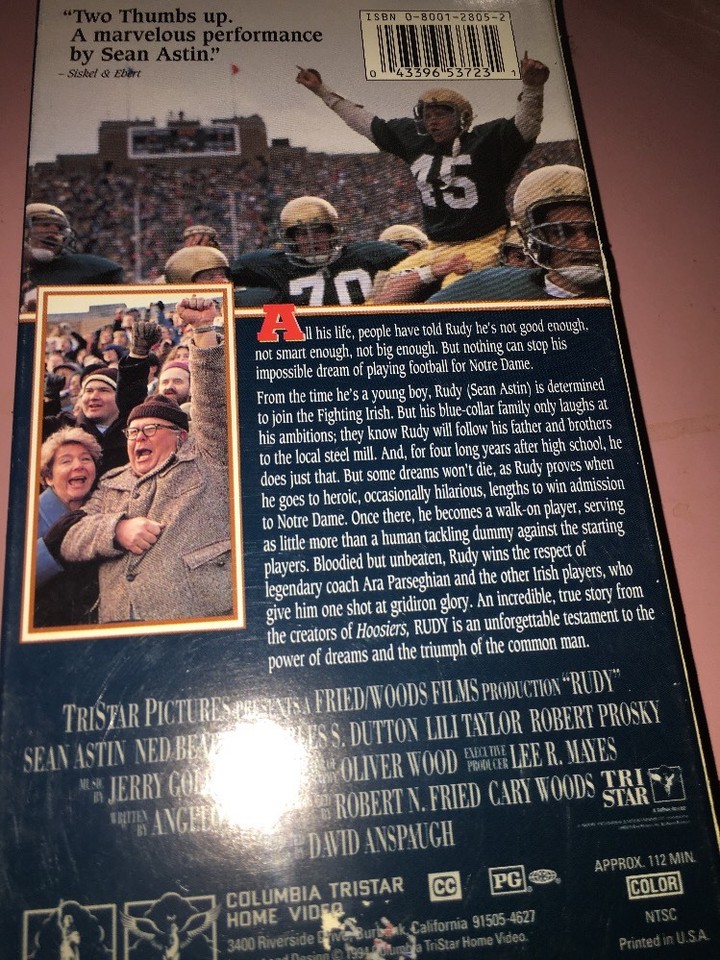Rudy VHS Tape Movie Sean Astin Ned Beatty True Story Football Drama as ...