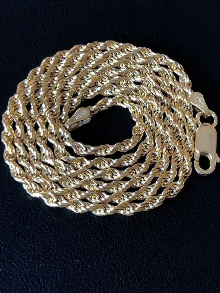 Rope Chain 14K Gold Plated Solid 925 Silver MADE IN ITALY Men's Women's ...