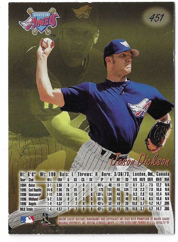 1997 Fleer Ultra Baseball Jason Dickson Card #451 Anaheim Angels | eBay