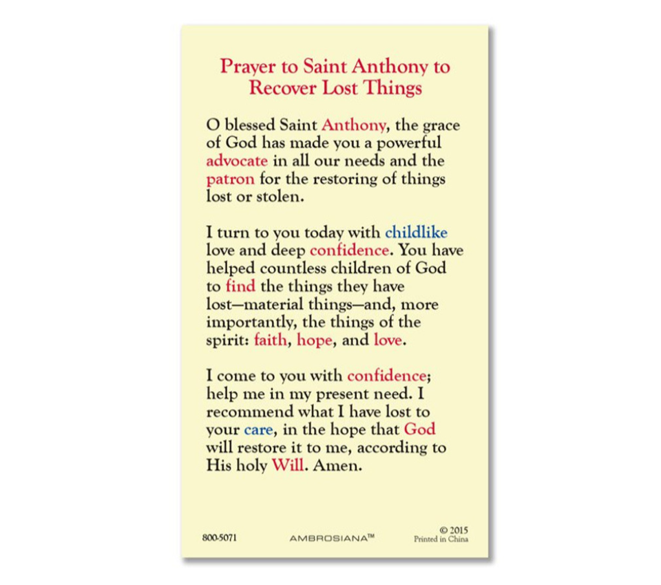 Laminated Prayer to St. Anthony to Recover Lost Things Holy Prayer Card ...