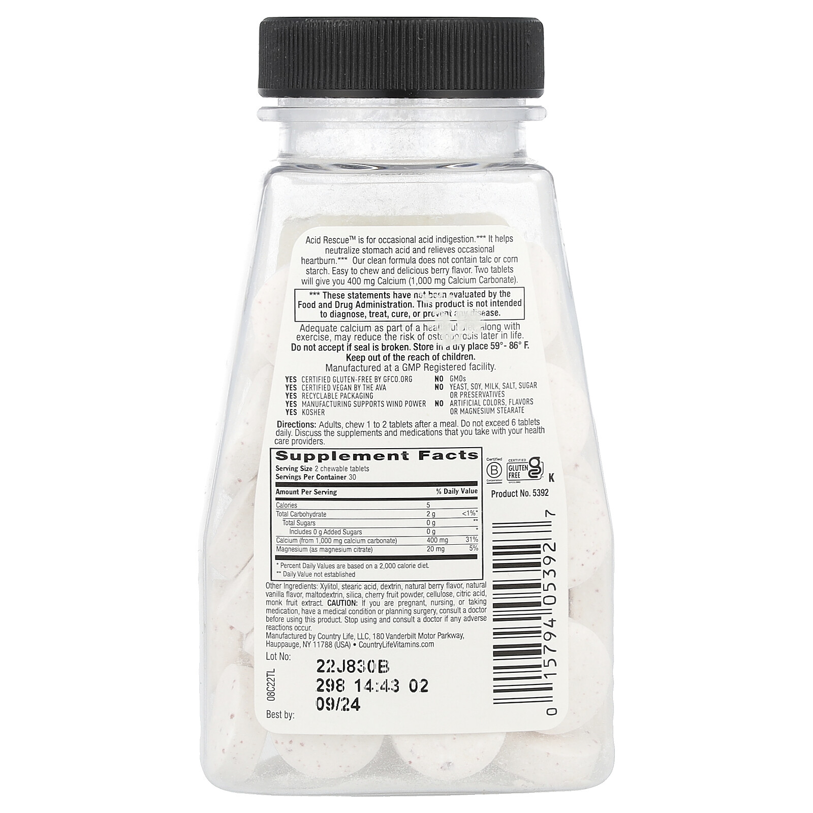 Acid Rescue, Calcium Carbonate, Berry Flavor, 500 mg, 60 Chewable ...