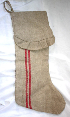 Farmhouse christmas stocking 100% linen burplap red stripe ticking ...