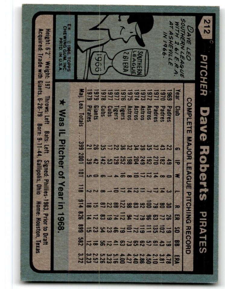 1980 TOPPS DAVE ROBERTS PITTSBURGH PIRATES #212 | eBay