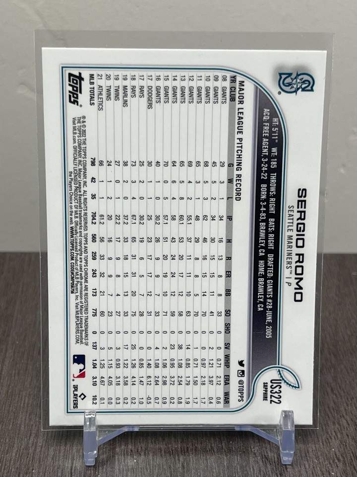 Sergio Romo Seattle Mariners 2022 Topps Chrome Update Sapphire #US322 ...