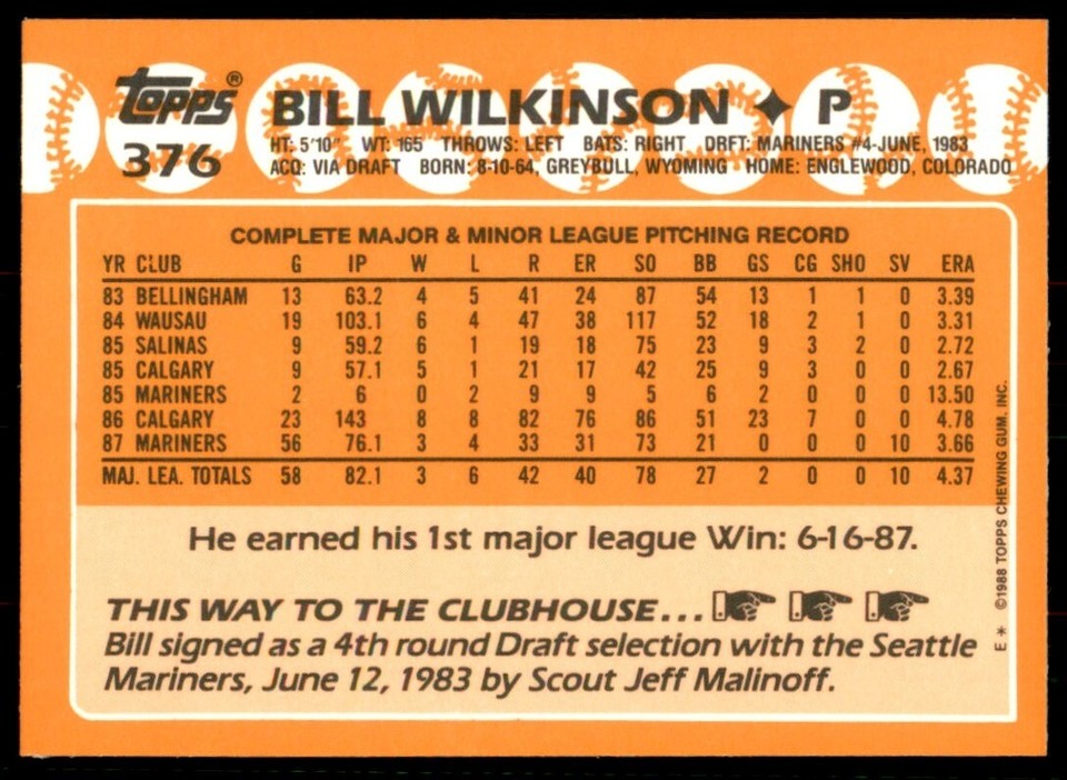 1988 Topps Tiffany Bill Wilkinson #376 RC Seattle Mariners | eBay