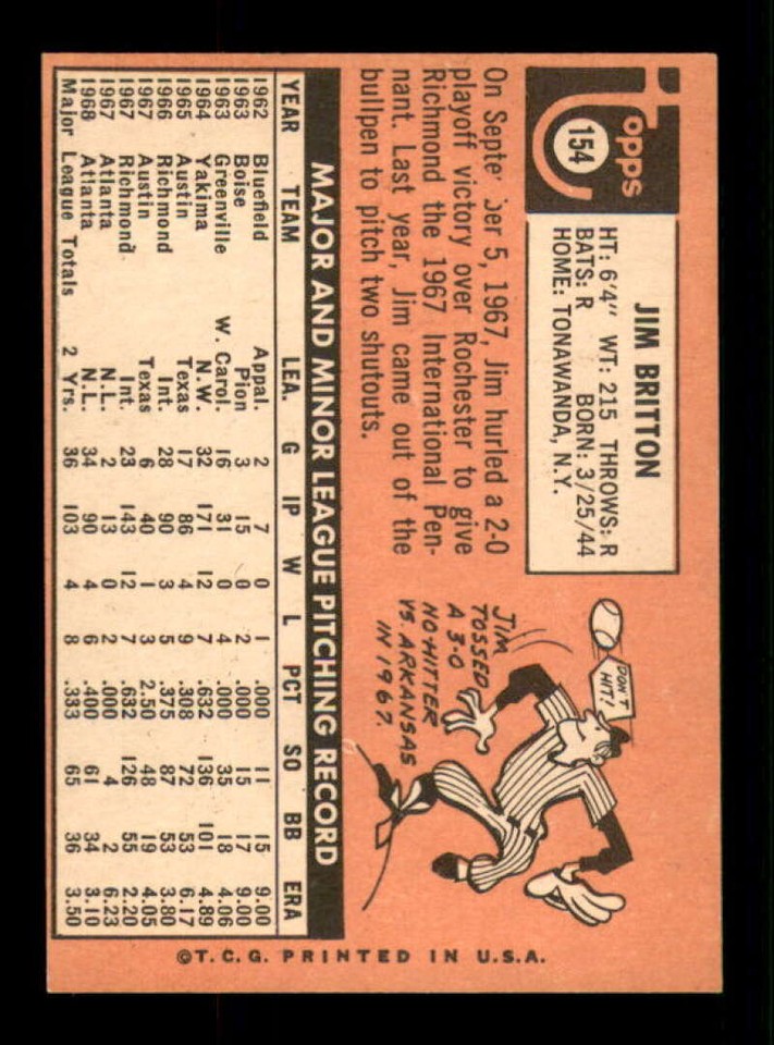 1969 Topps #154 Jim Britton EX/EX+ Braves 561935 | eBay