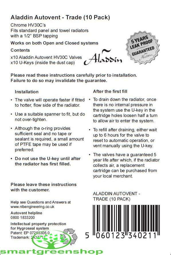 Aladdin Autovent HV30C Radiator Valve - Chrome, 10 Pack for sale online ...