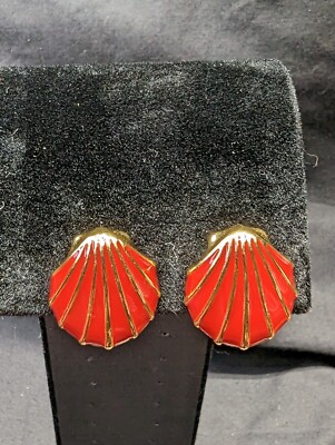 Vintage Monet Red Enamel Shell-Shaped Earrings Gold Tone Clip-On Signed ...