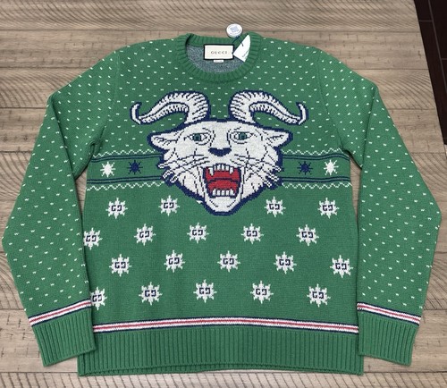 GUCCI SWEATER MENS INTARSIA ALPACA WOOL TIGER RAM LOGO DETAIL JUMPER ...