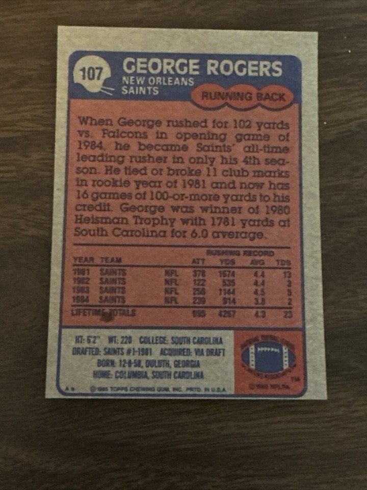 Vintage NFL 1985 Topps #107 GEORGE ROGERS Saints Redskins USC Gamecocks ...