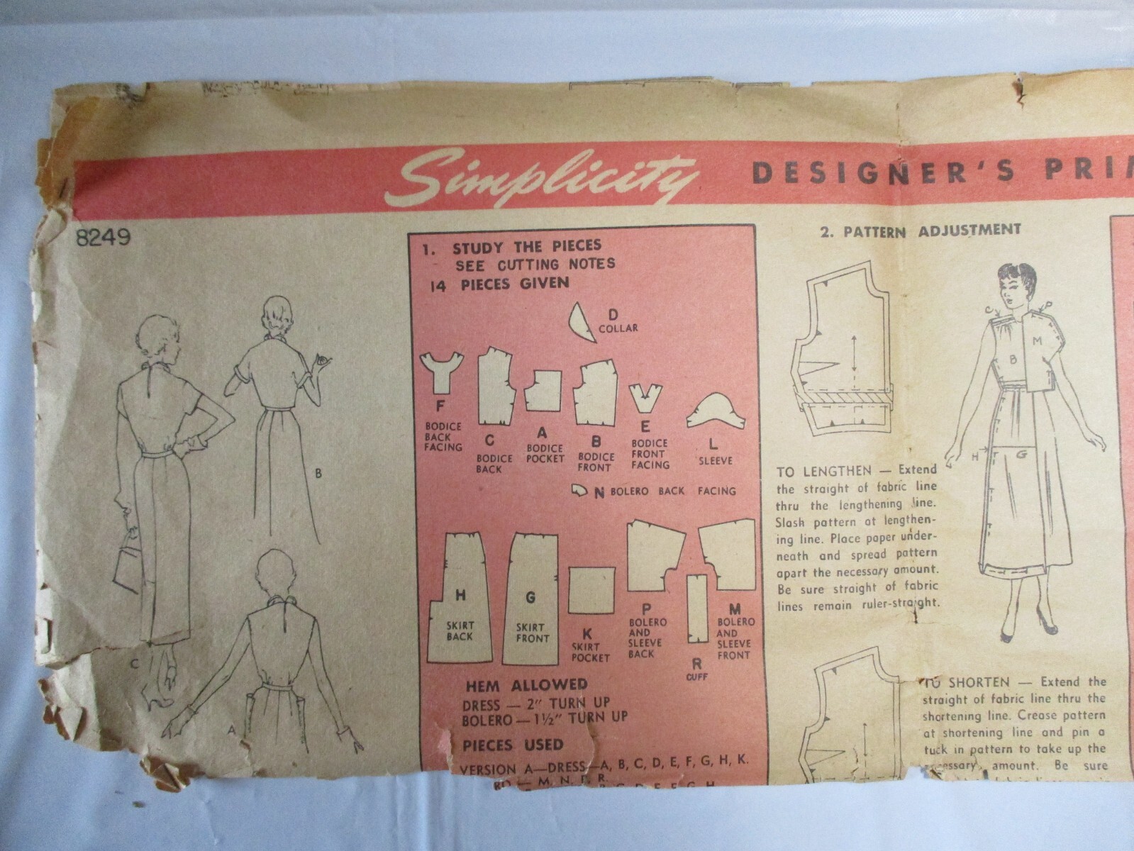 Vintage Simplicity Pattern 8249 Miss Size 14 Dress & Bolero Jacket 1950 ...
