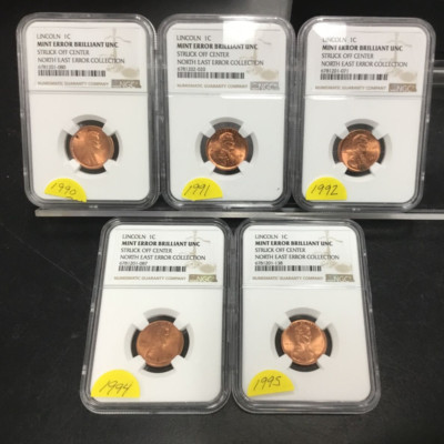 5-Different Date Mint Error Cents NGC "Struck Off Center" PARTIAL ...