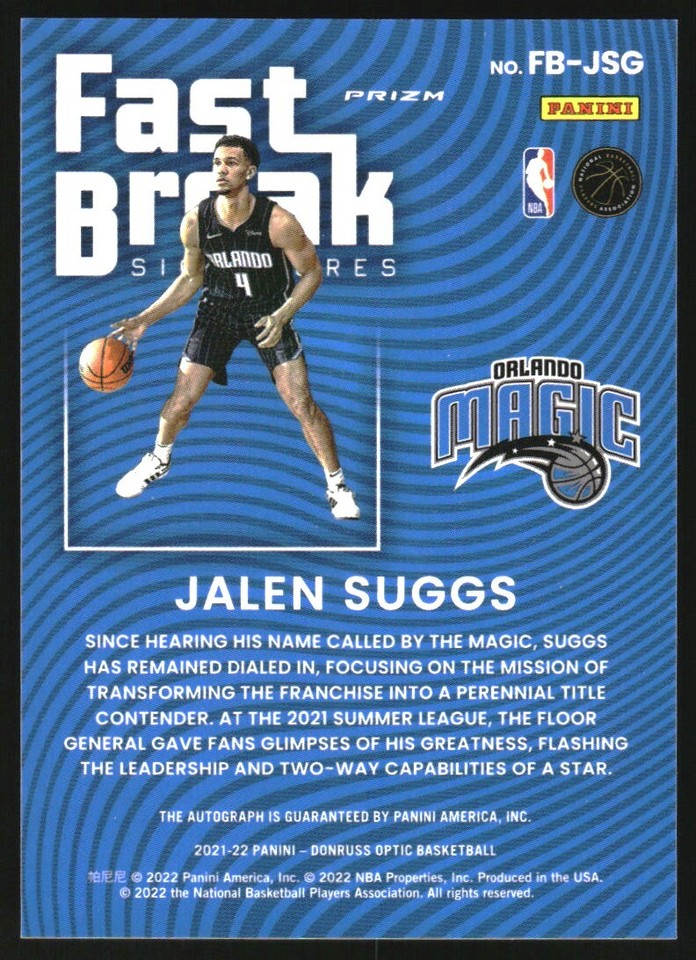 2021-22 Donruss Optic Fast Break Signatures #57 Jalen Suggs Autograph ...