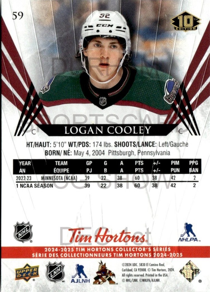 2024-25 Upper Deck Tim Hortons LOGAN COOLEY Hockey Card # 59 Utah ...
