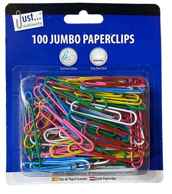 100 Jumbo Large Coloured Paper Clips Office School Home Stationery ...