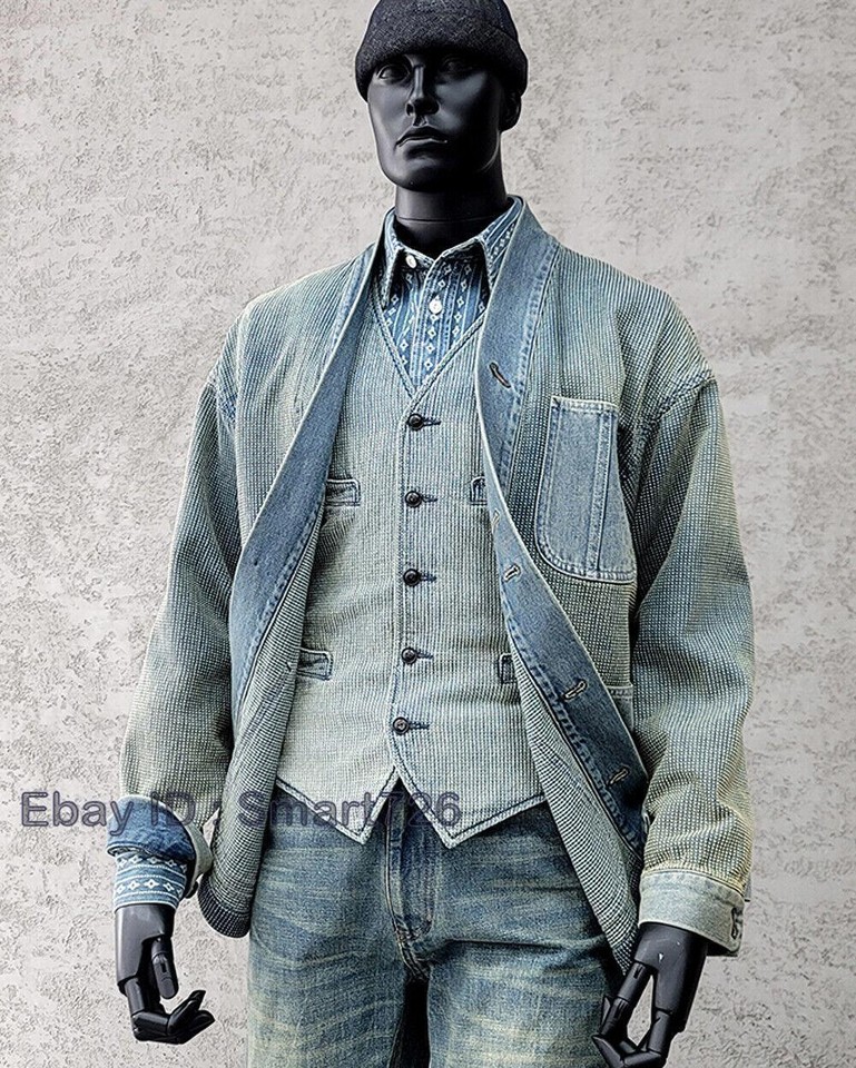 Mens Sousuke Denim Jacket Robe Cargo Vintage Casual Work Coats Button ...