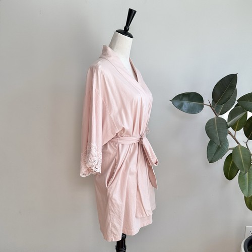 Natori Cotton Robe Short Light Pink Loungewear Belted Lace Sleeves Sz M ...