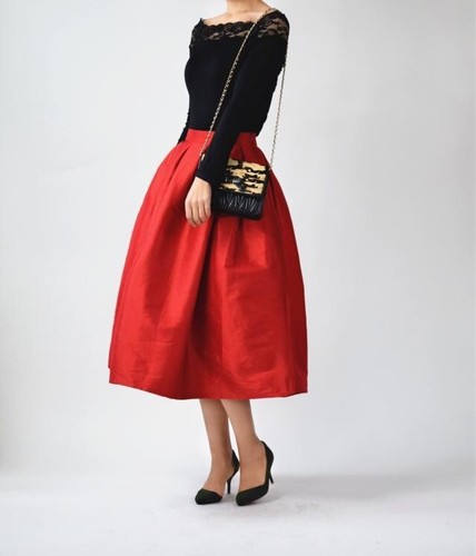 Red Taffeta Midi Skirt Evening Dinner One Pocket Pleated Party Office ...