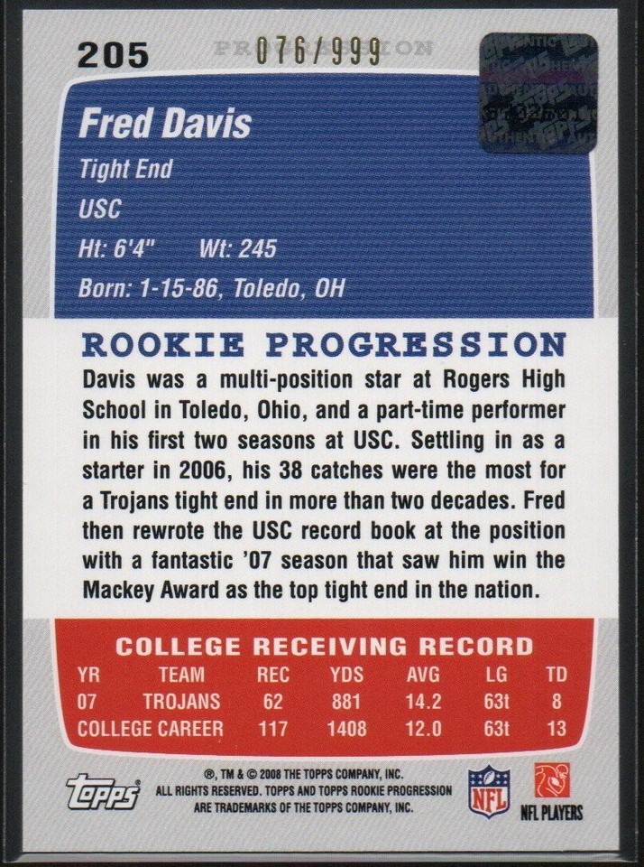 Fred Davis 2008 Topps Rookie Progression Autographs Blue #205 076/999 ...