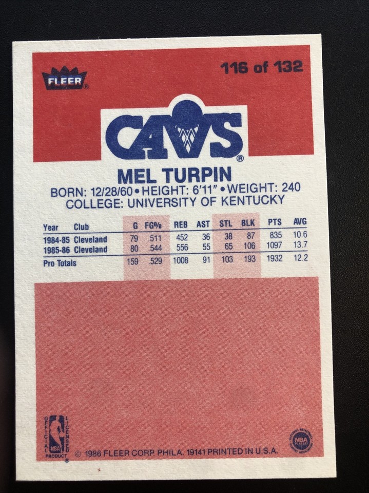🔥1986-87 Fleer Set Break Melvin Turpin RC #116 Cavs NM-MT | eBay