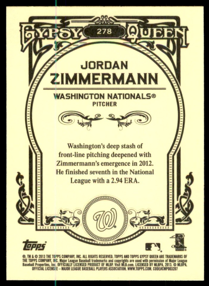 2013 TOPPS GYPSY QUEEN JORDAN ZIMMERMANN WASHINGTON NATIONALS #278 | eBay