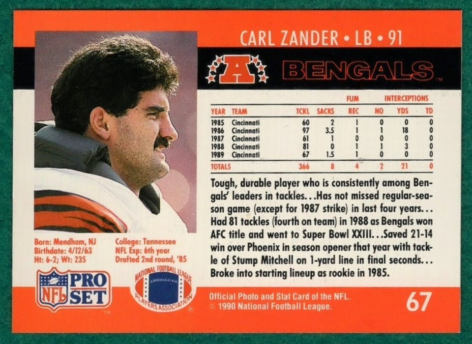 Carl Zander - 1990 NFL Pro Set #67 - Cincinnati Bengals Football Card ...