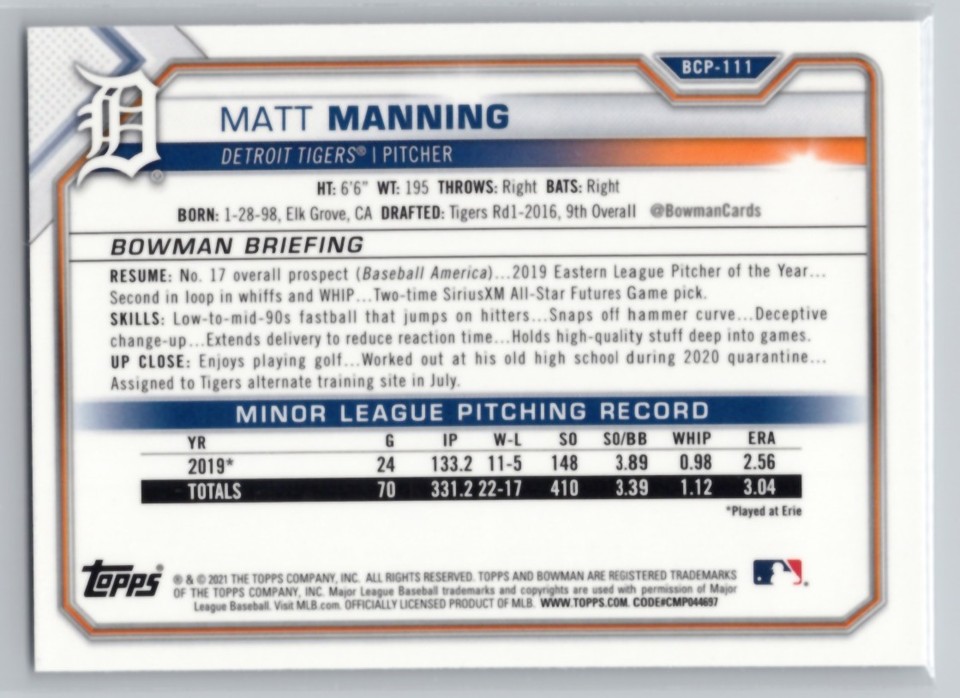2021 BOWMAN #BCP-111 MATT MANNING CHROME PROSPECTS MOJO REFRACTOR ...